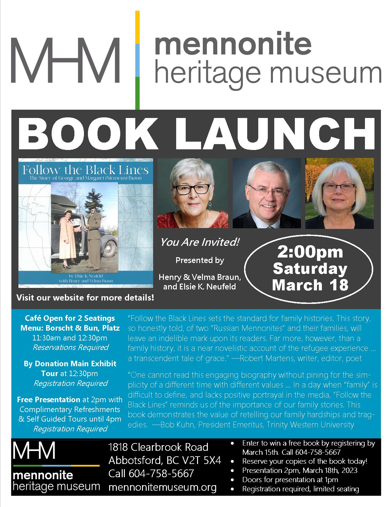 MHM Book Launch Follow the Black Lines by Elsie K. Neufeld with Henry ...